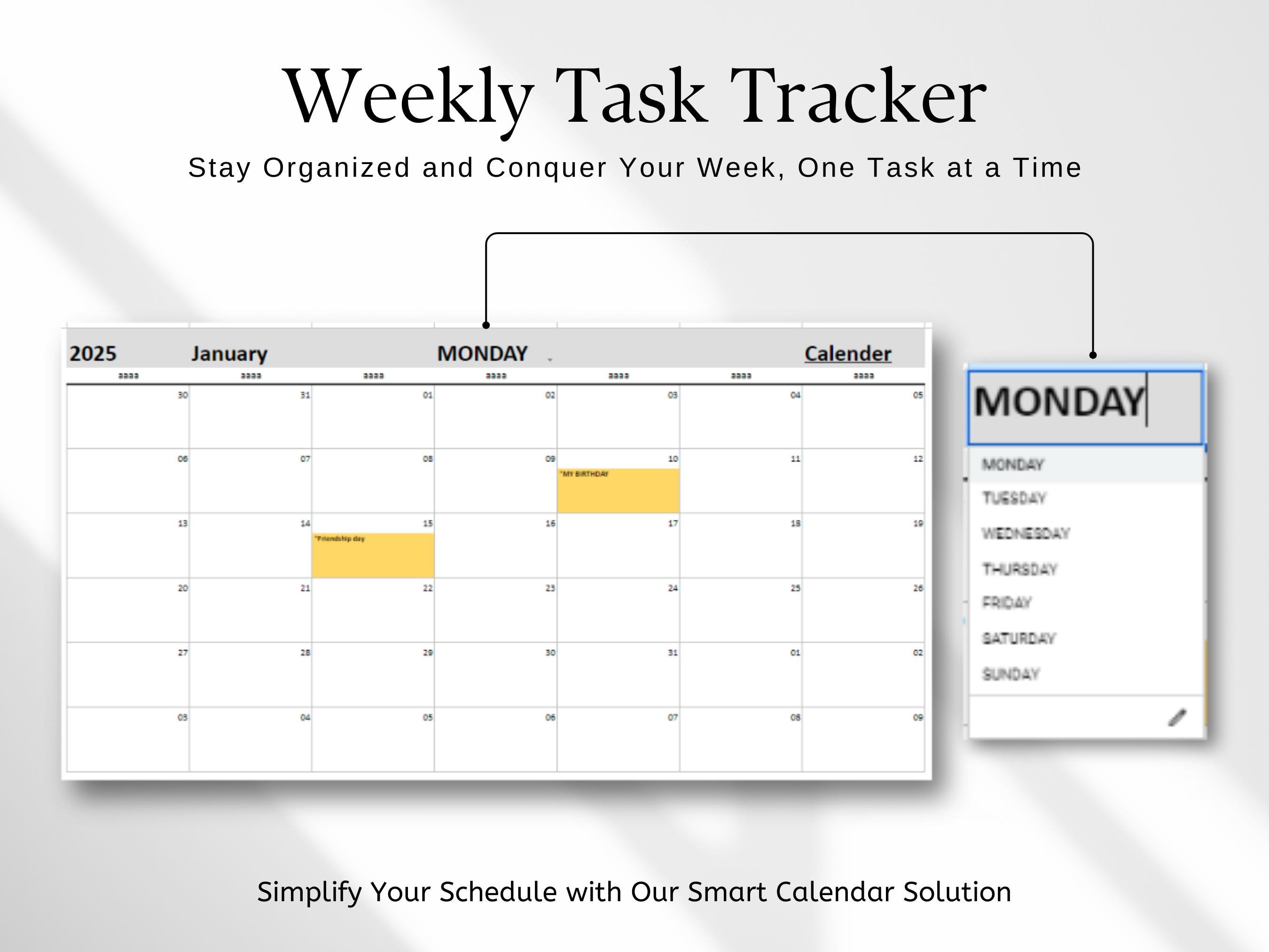 2025 Excel Calendar, Excel Monthly Calendar 2025, Task Tracker Excel ...