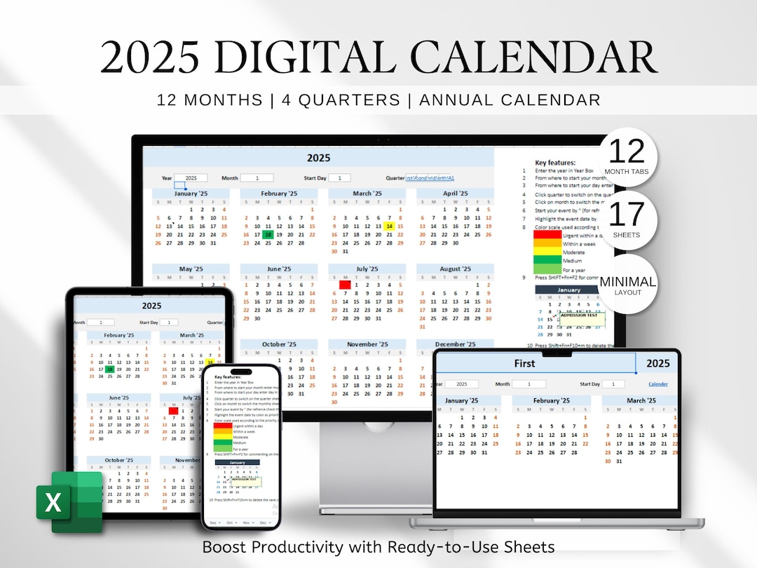 2025 Excel Calendar, Excel Monthly Calendar 2025, Task Tracker Excel ...