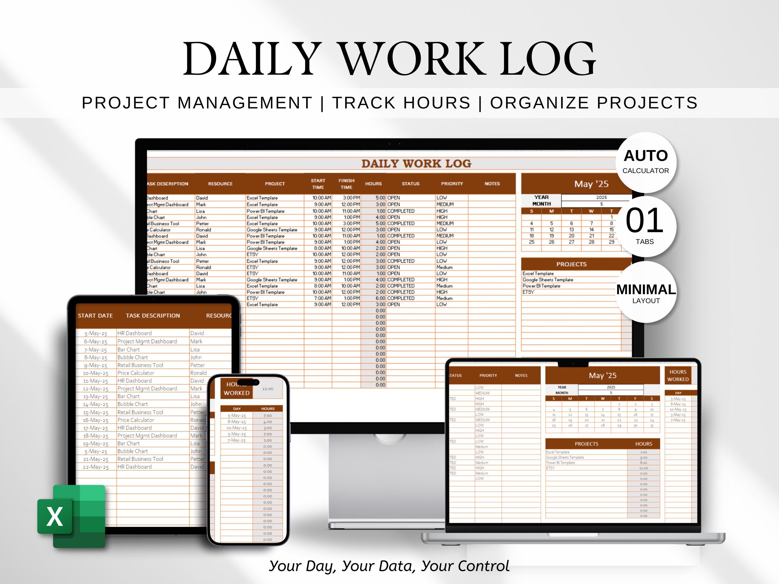 Daily Work Log Excel Spreadsheet, Excel Daily Work Log Template, Daily ...