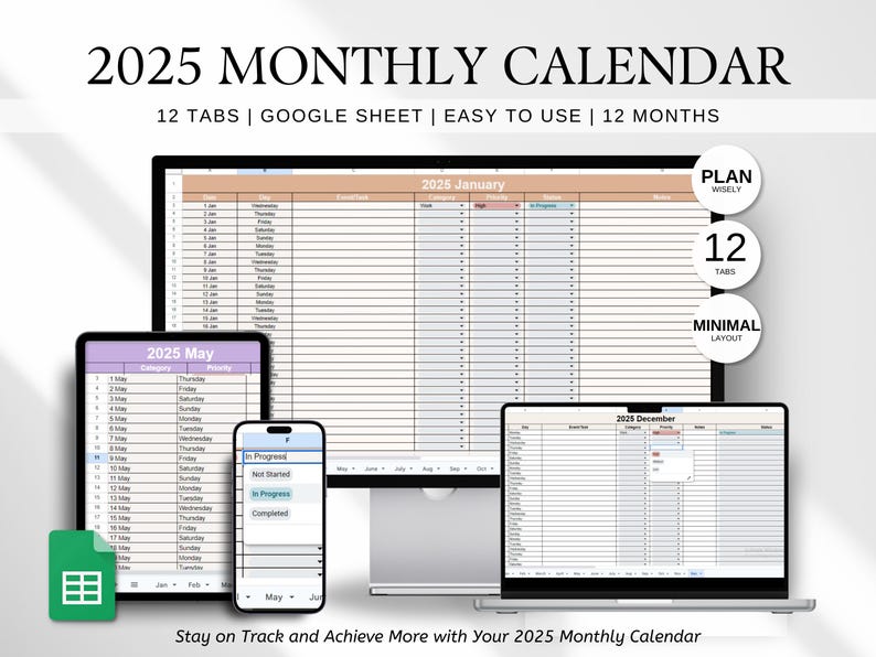 2025 Google Sheet Calendar, Google Monthly Calendar 2025, Task Tracker ...