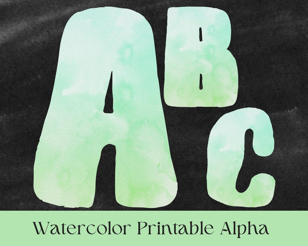 Mint Green Watercolor PNG Alphabet Letters A-Z, Numbers 0-9 Printable Resizable Bulletin Board ...