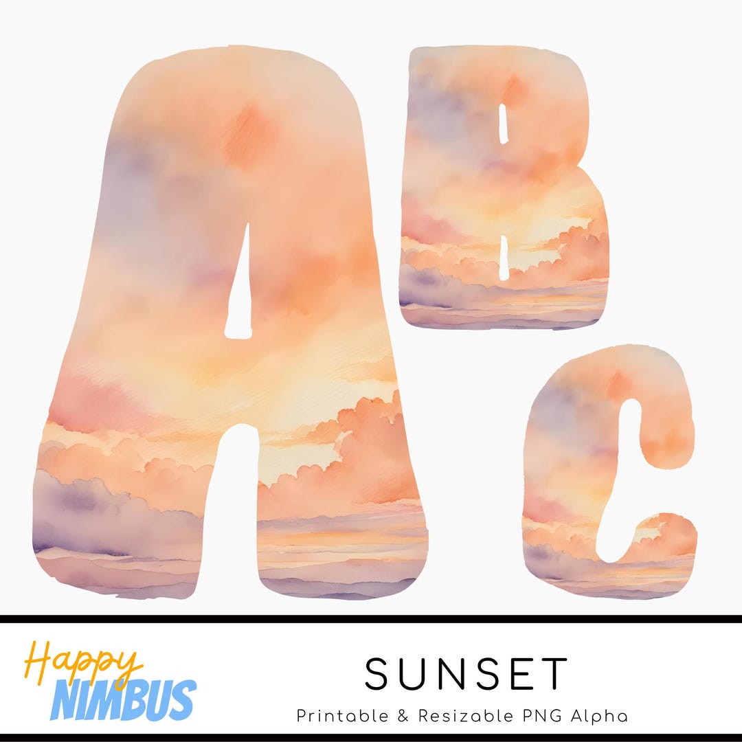 Beautiful Sunset Watercolor PNG Alphabet Letters A-Z, Numbers 0-9 ...