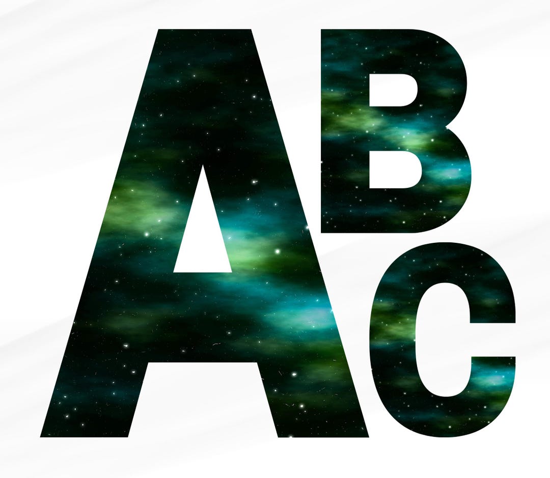Galaxy Green Black Pattern PNG Alphabet Letters A-Z Numbers 0-9 Printable Resizable Bulletin ...
