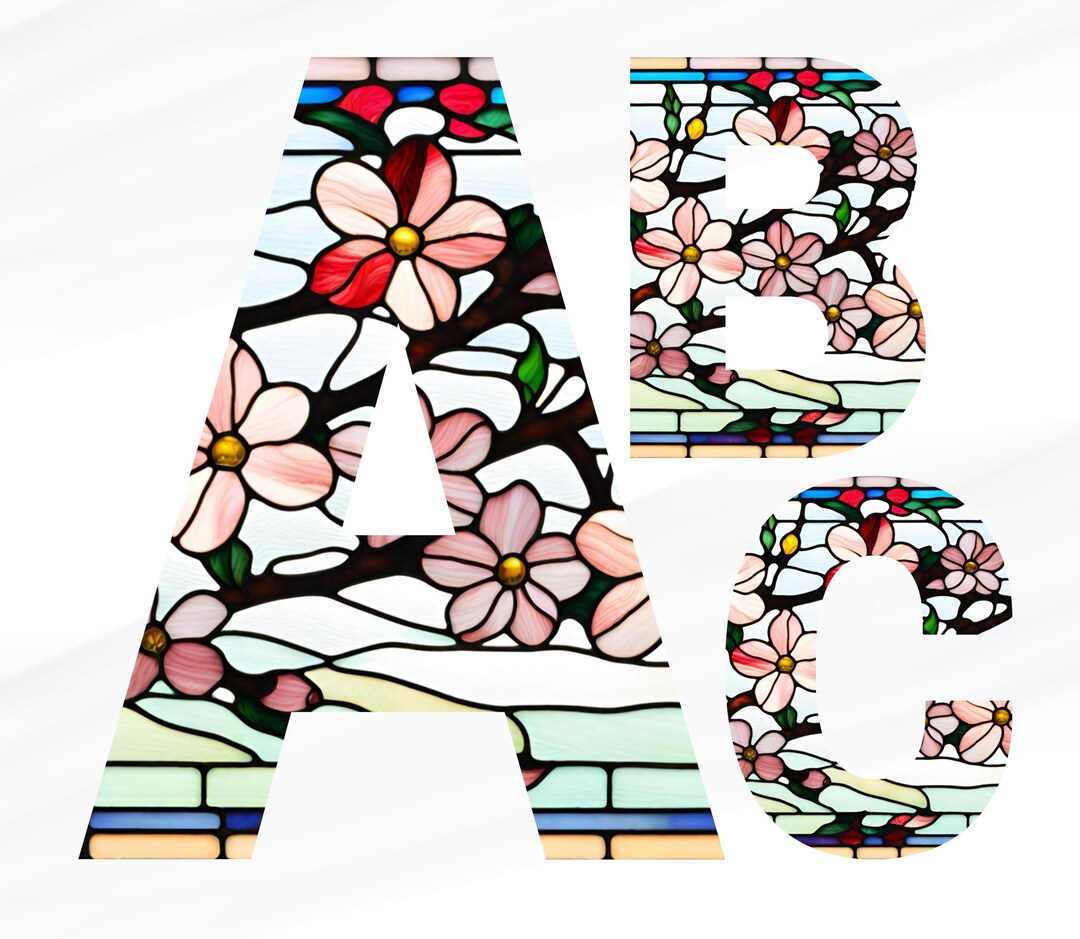 Floral Stained Glass Church PNG Alphabet Letters A-Z Numbers 0-9 ...