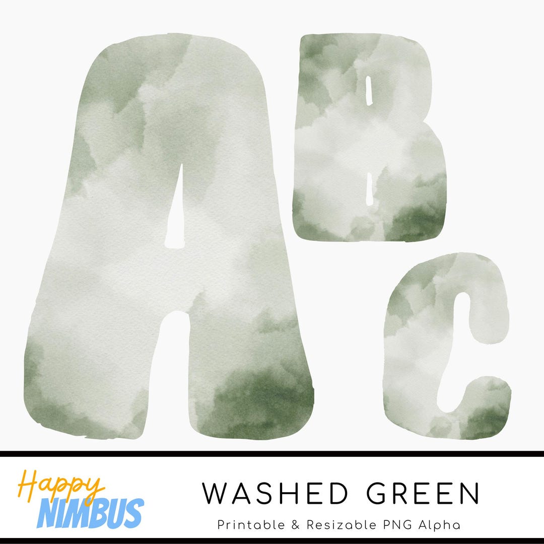 Washed Green Watercolor PNG Alphabet Letters A-Z, Numbers 0-9 Printable Resizable Bulletin Board ...