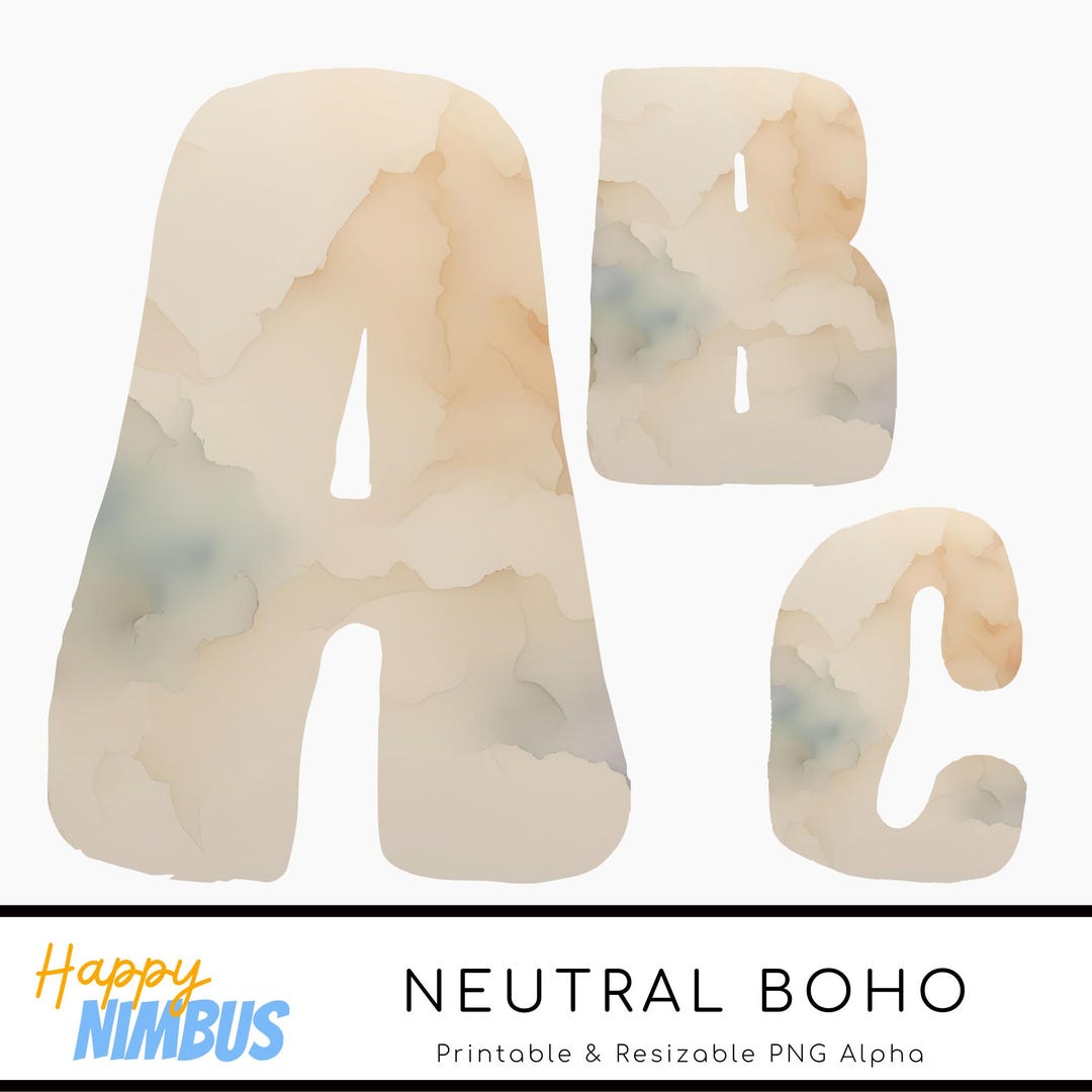 Neutral Boho Watercolor PNG Alphabet Letters A-Z, Numbers 0-9 Printable ...
