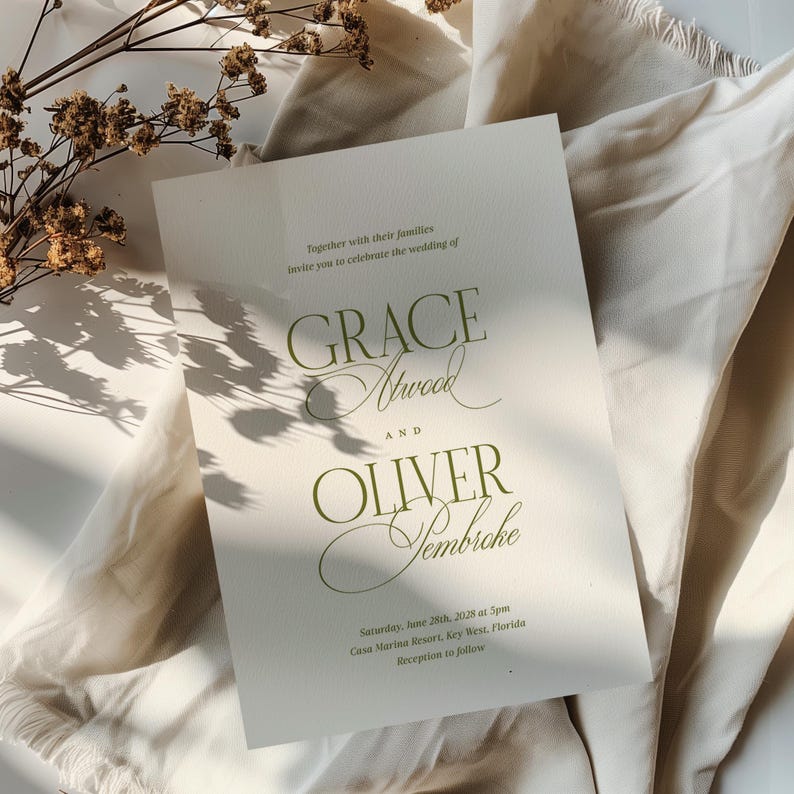 Olive Green Wedding Invitation Suite, Elegant Script Wedding ...
