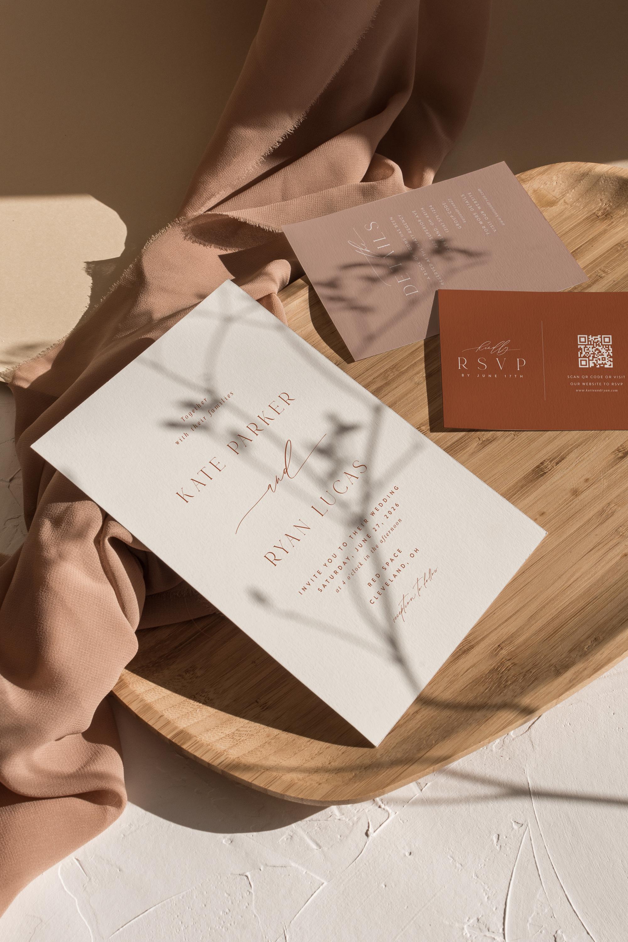 Terracotta Wedding Invitation Suite: Minimalist QR Code RSVP (digital ...
