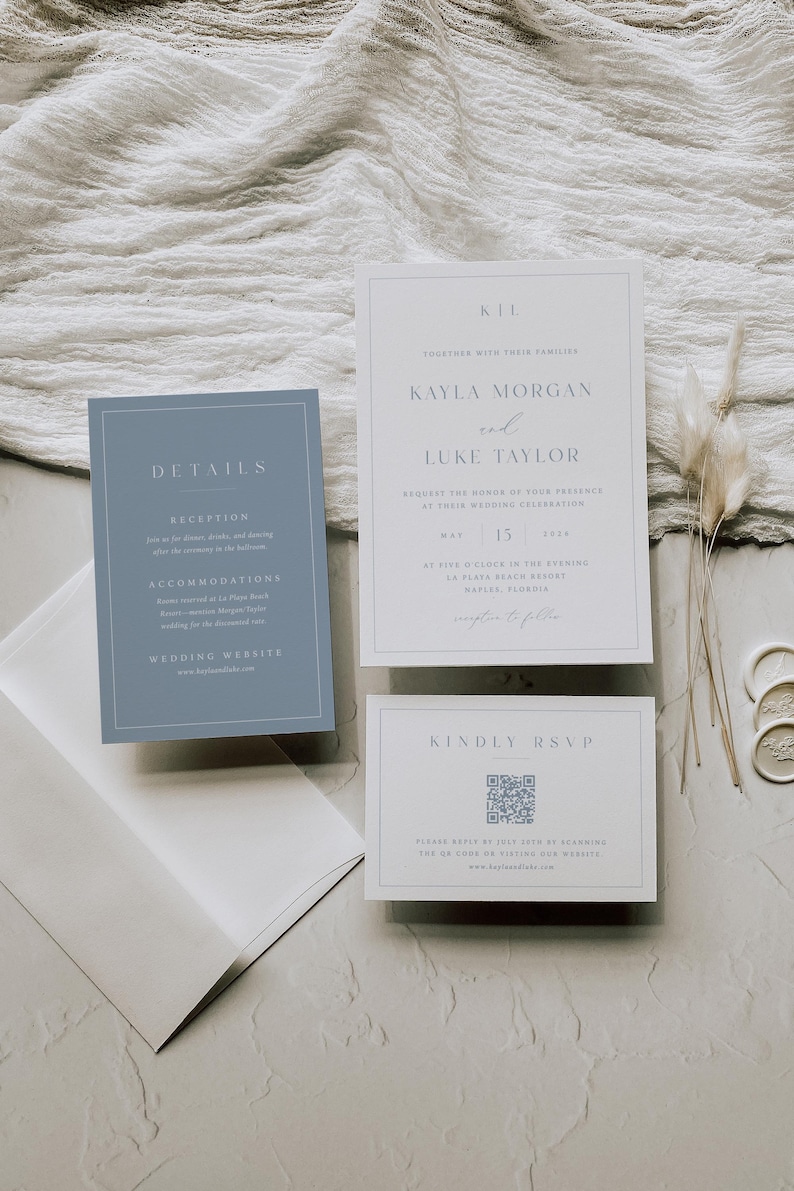 Dusty Blue Wedding Invitation Template Set, Minimalist Wedding Monogram ...