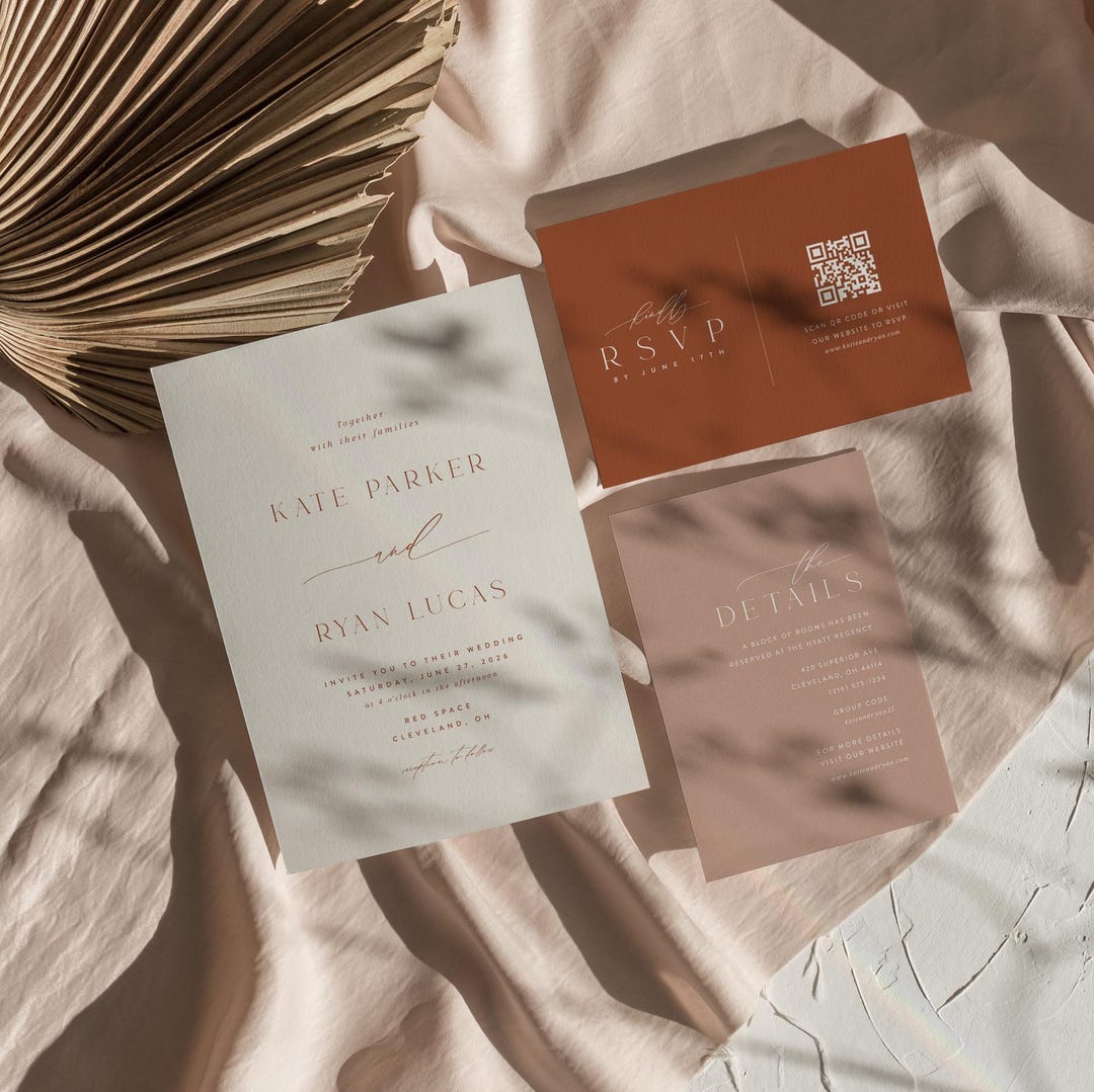 Terracotta Wedding Invitation Suite: Minimalist QR Code RSVP (digital ...