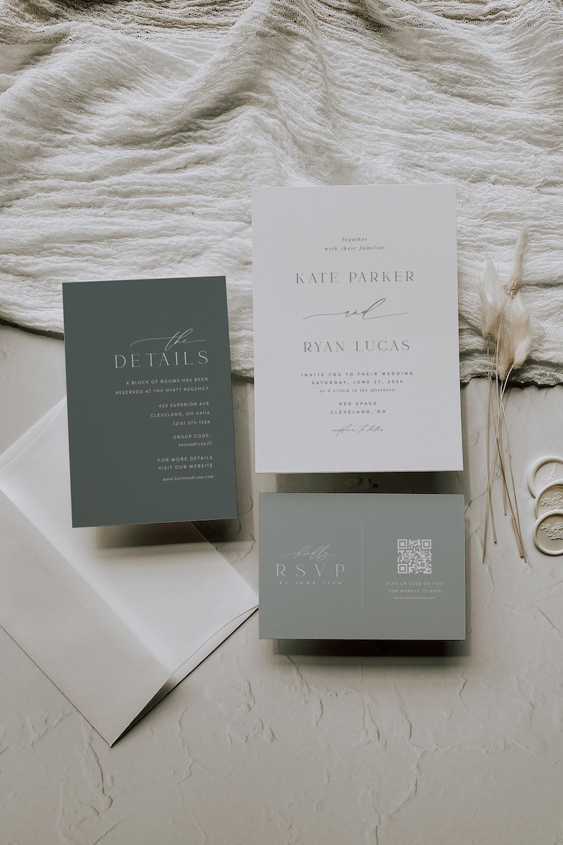 Sage Green Wedding Invitation Suite, Modern Minimal Invite Set With ...