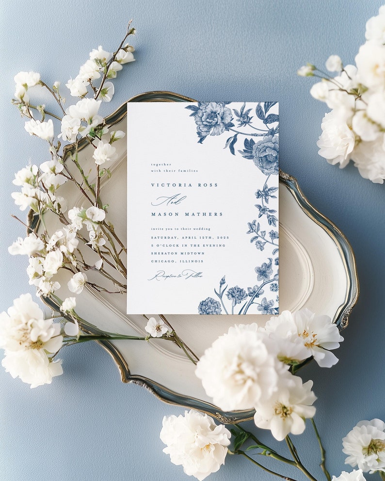 Floral Dusty Blue Minimalist Wedding Invitation Bundle Editable ...
