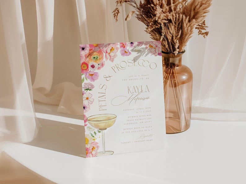 Petals and Prosecco Bridal Shower Invitation, Champagne Brunch Bridal ...