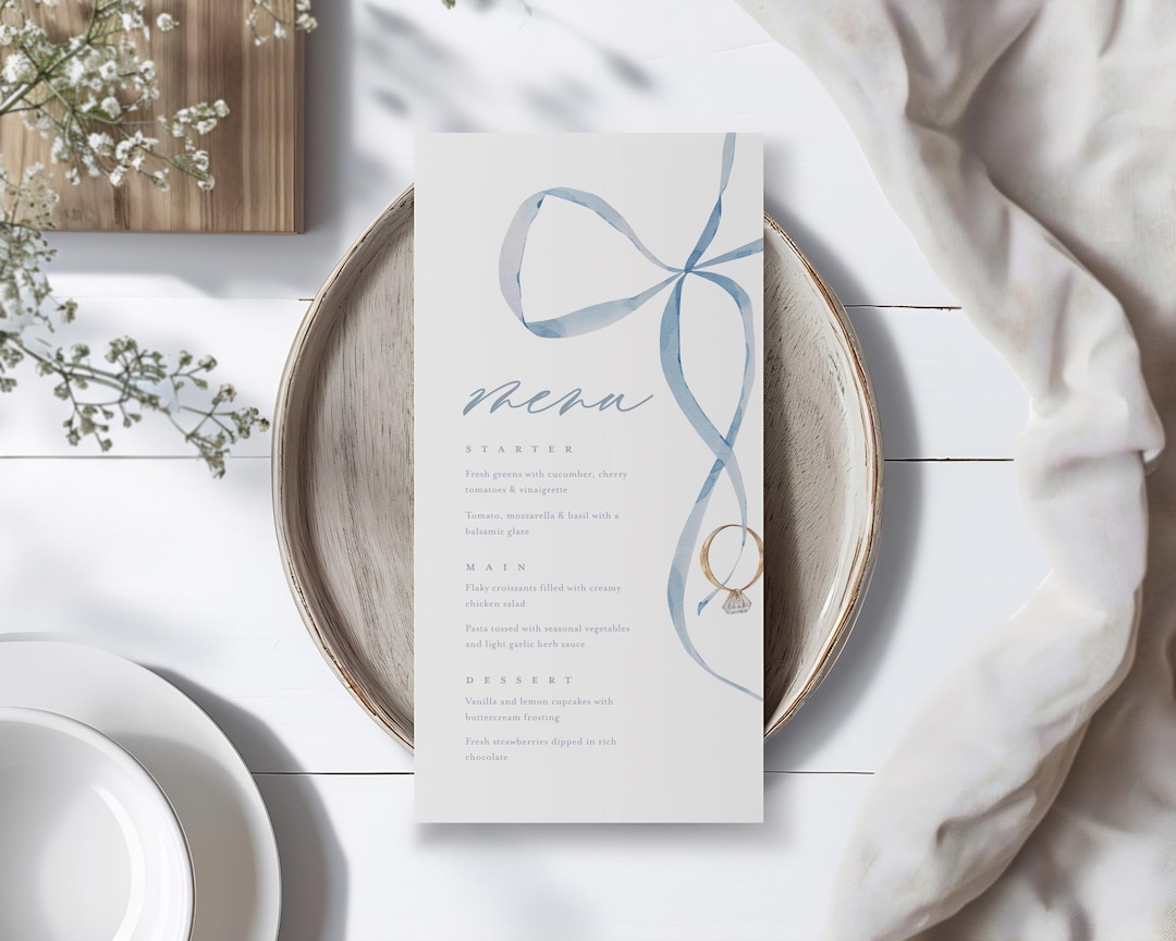 Bridal Shower Menu Template, Something Blue Shower, Elegant Ribbon ...