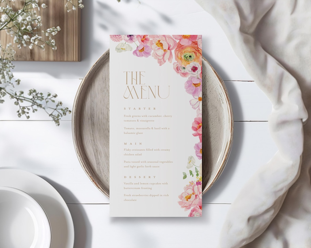 Pink Floral Menu Template, Modern Bridal Shower Menu Card, Wedding ...