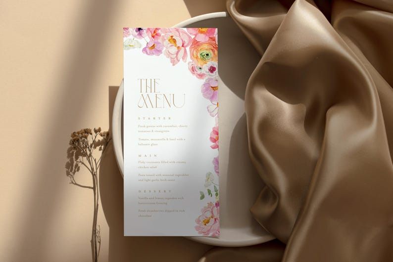 Pink Floral Menu Template, Modern Bridal Shower Menu Card, Wedding ...