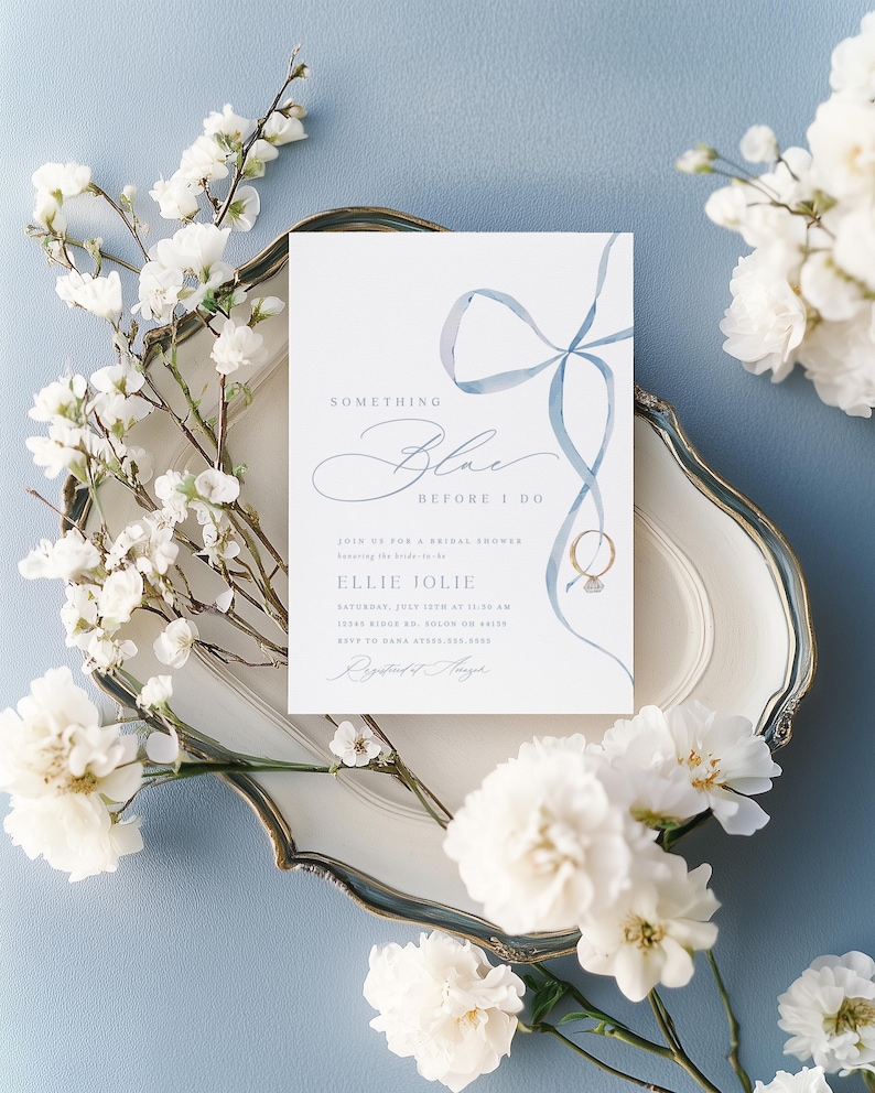 Something Blue Bridal Shower Invitation: Elegant Ribbon Design ...