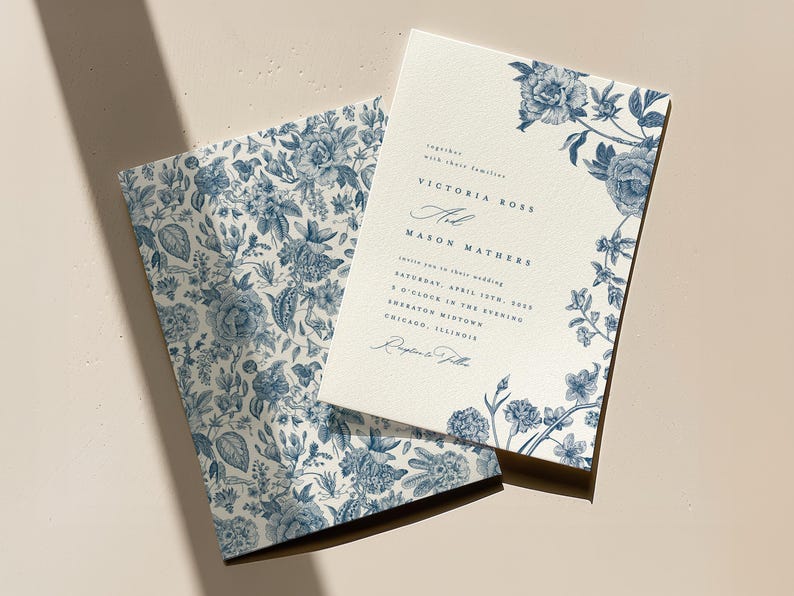 Floral Dusty Blue Minimalist Wedding Invitation Bundle Editable ...