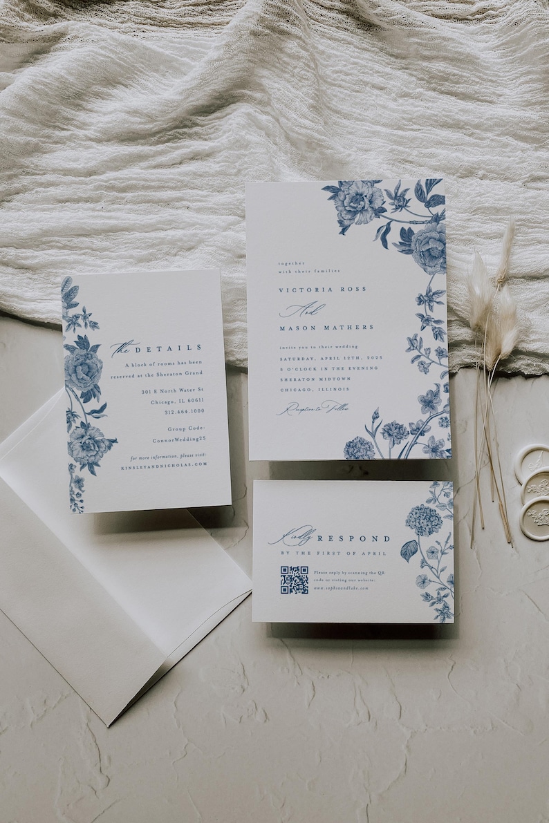 Floral Dusty Blue Minimalist Wedding Invitation Bundle Editable ...