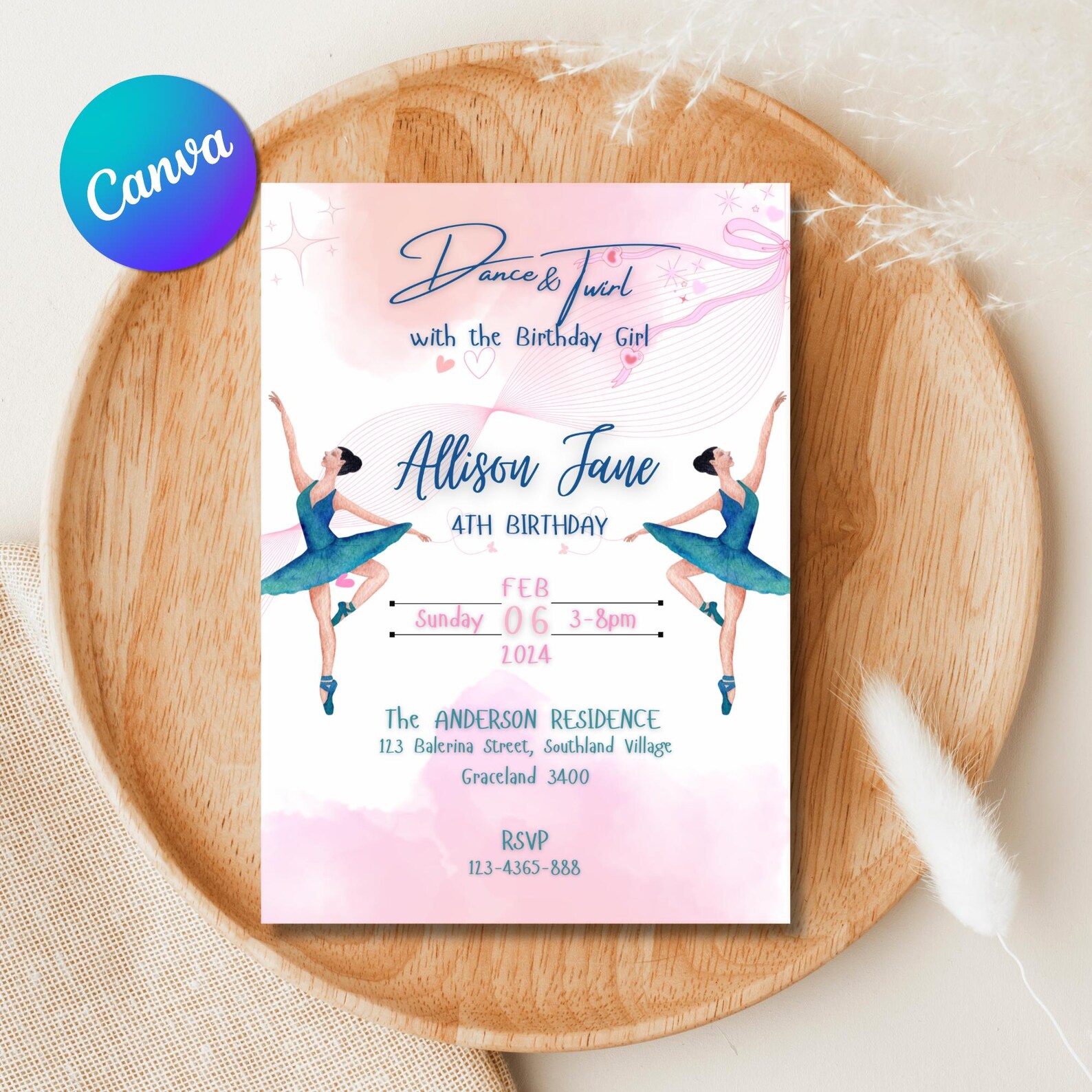 Modern Ballerina Birthday Invitation, Ballerina Birthday Invite, Ballet ...