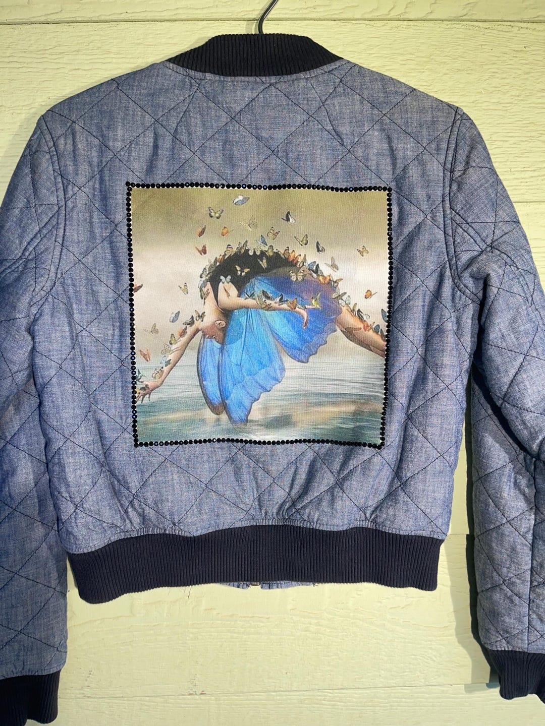 GAP Brand Quilted Varsity Jacket Denim Blue, Womens Large, Butterfly ...