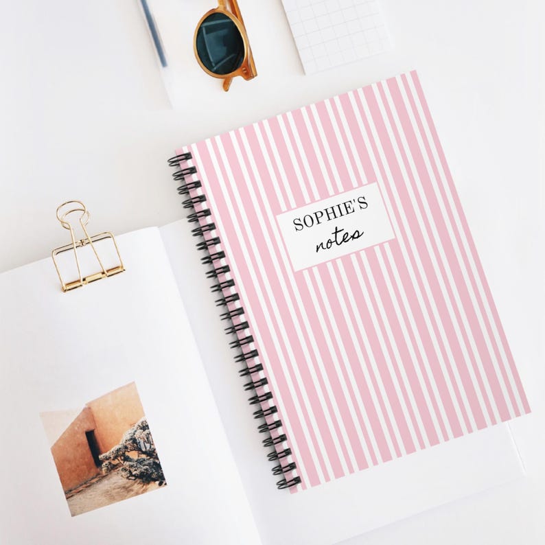 Pink and White Striped Personalized Spiral Notebook Gift for Her ...