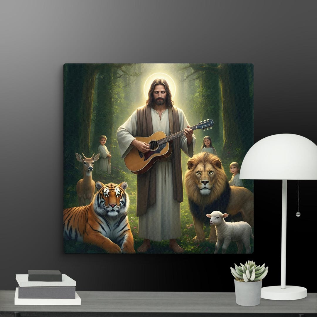 Serene Jesus Guitar Scene: Enchanted Forest With Children and Animals ...