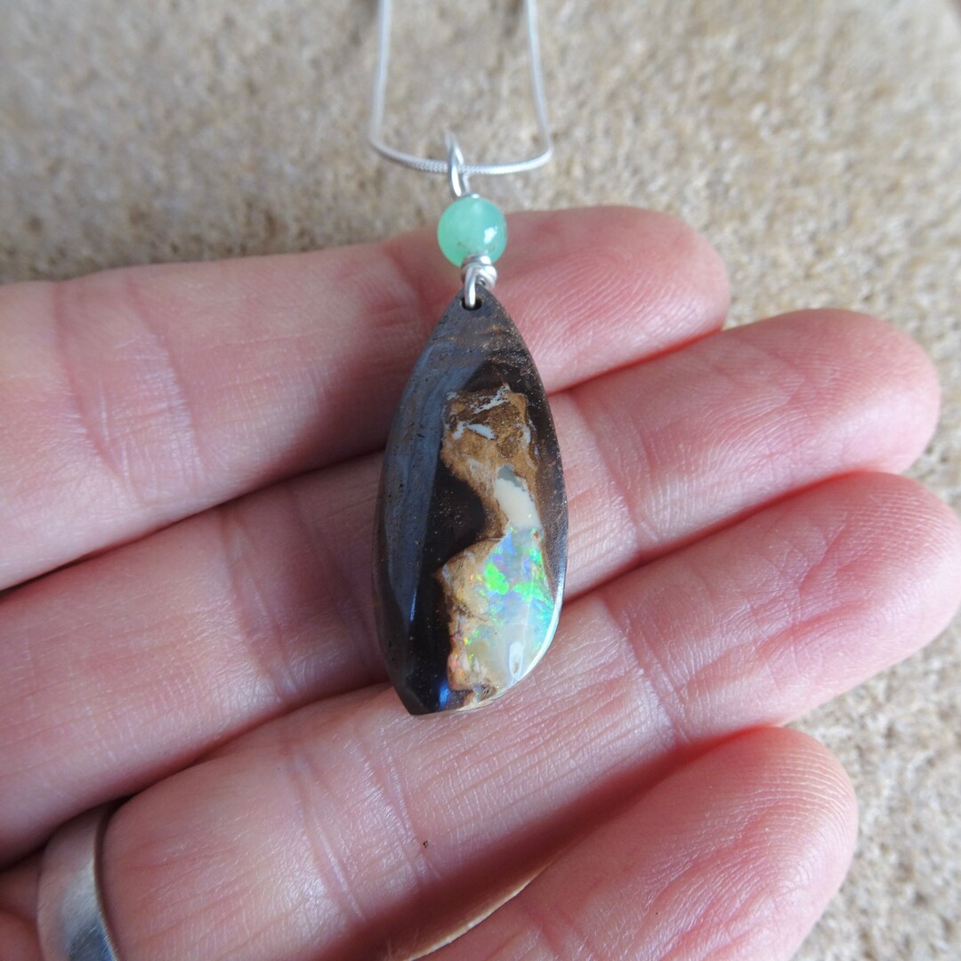 Yowah Nut Boulder Opal, Chrysoprase Pendant on Sterling Silver Chain ...