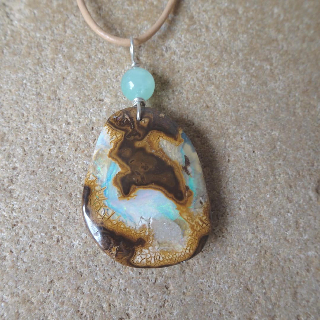 Boulder Opal, Chrysoprase Pendant Necklace, Sterling Silver, on Leather ...