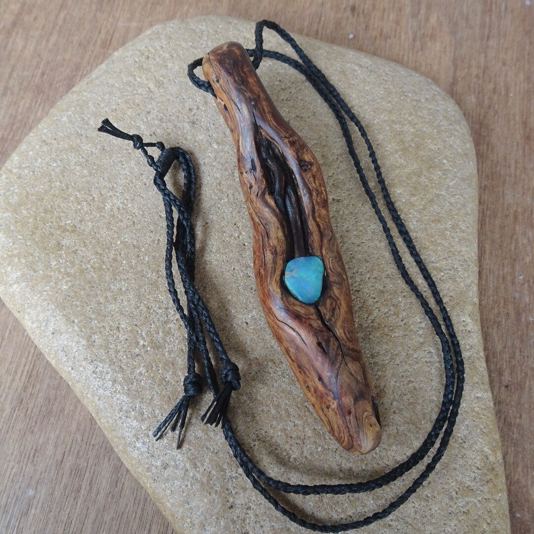 Magical Wood / Crystal Opal Wand Necklace Precious Gemstone Inlaid in ...