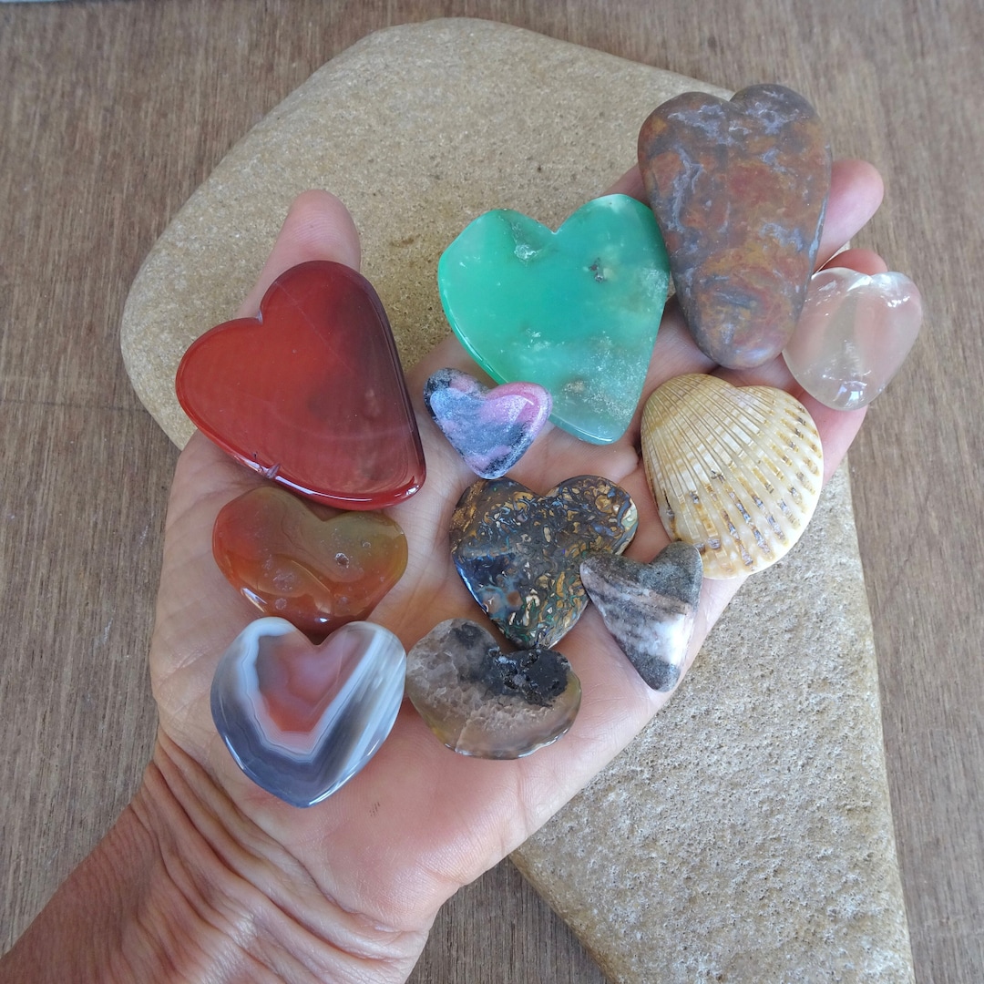 11 Natural Hearts, Love Heart Flock Handmade Gemstone, Shell Hearts ...