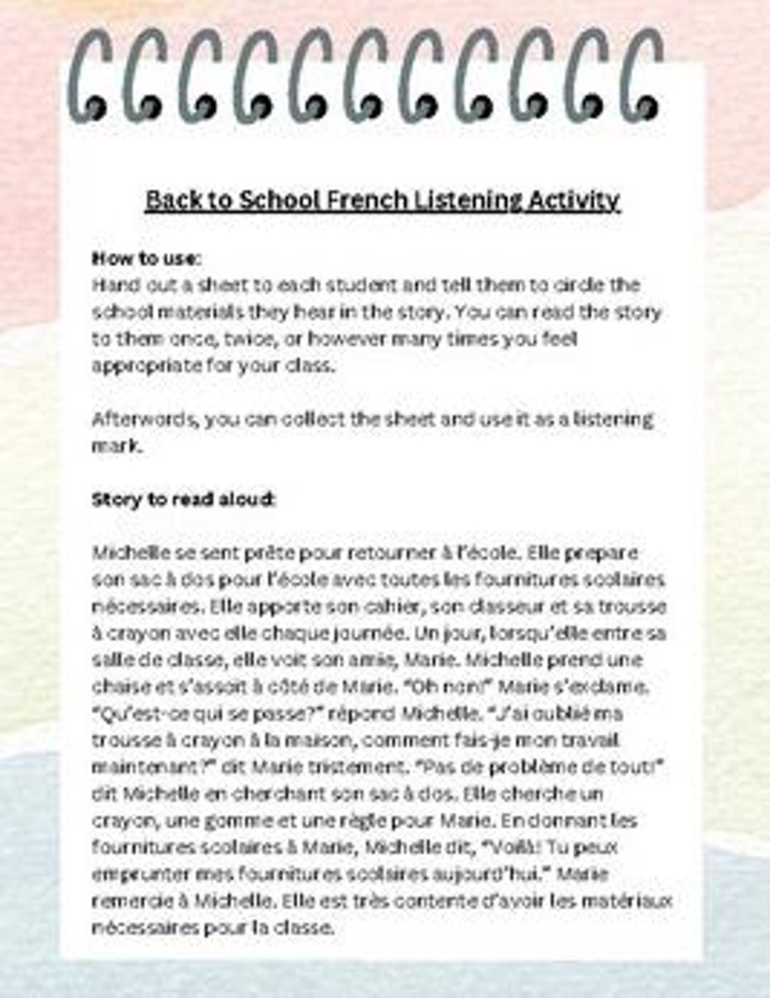 Back to School/ La Rentrée Scolaire French Listening Activity - Etsy