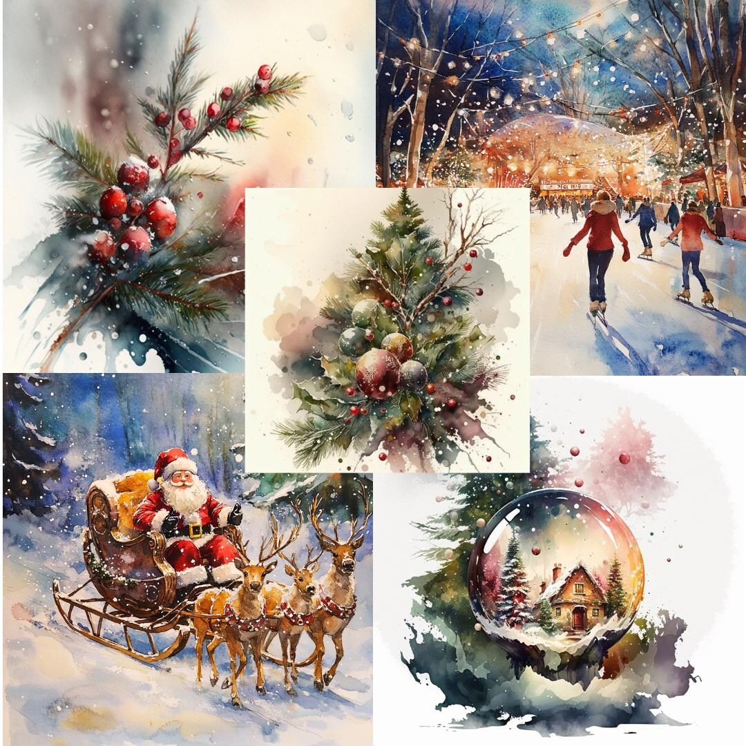 Pretty Watercolor Christmas Clipart, Winter Holiday, Commercial Use ...