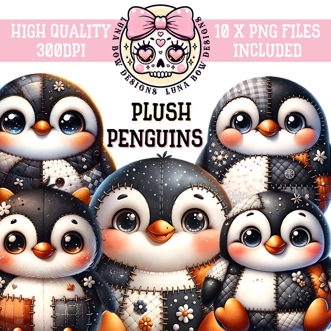 Plush Penguins Clipart Set | 10 Cute Winter Penguin Pngs | Patchwork Animal Digital Clipart for ...