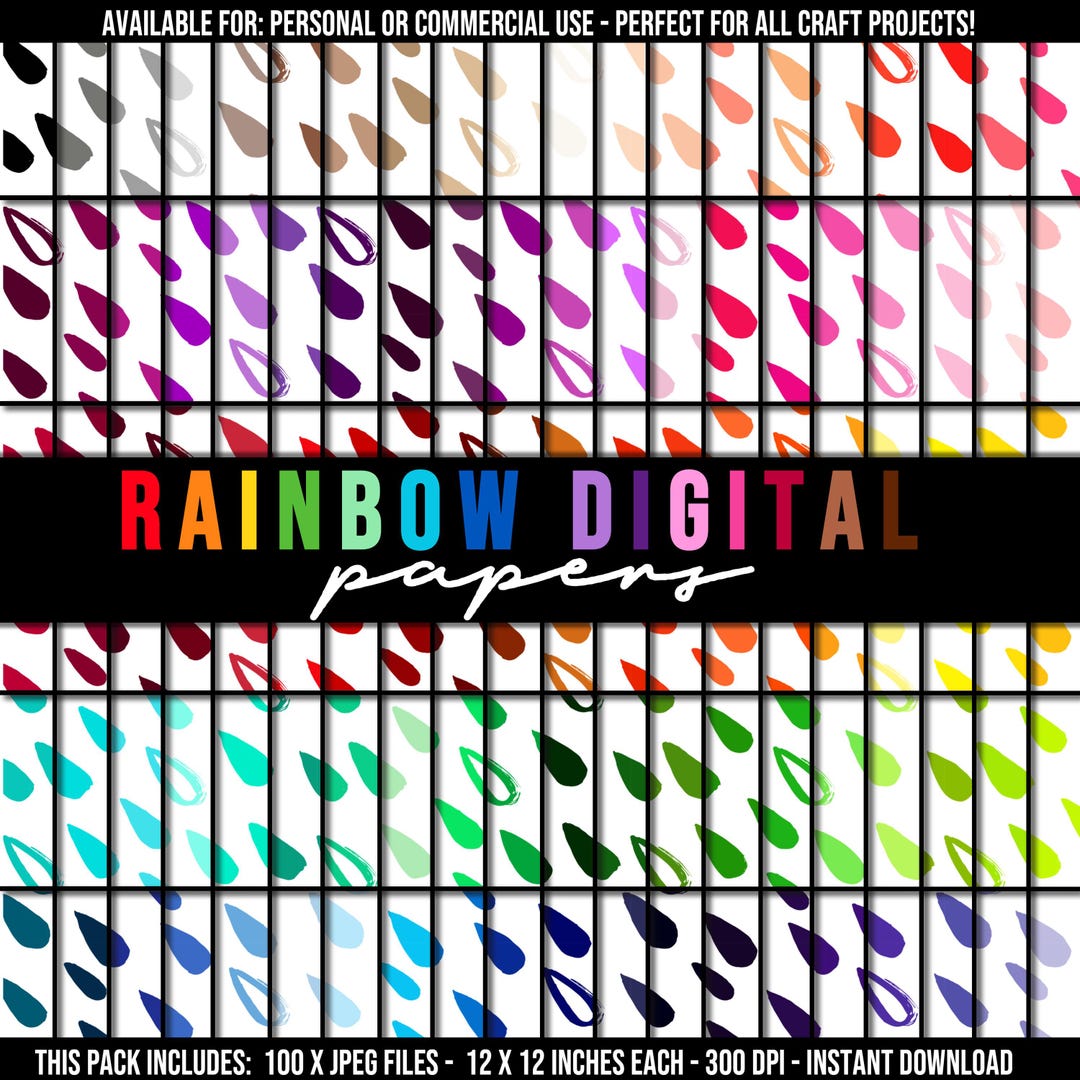 Rainbow Rain Drops Digital Paper 100 X Colours, Hand Drawn Riandrops ...