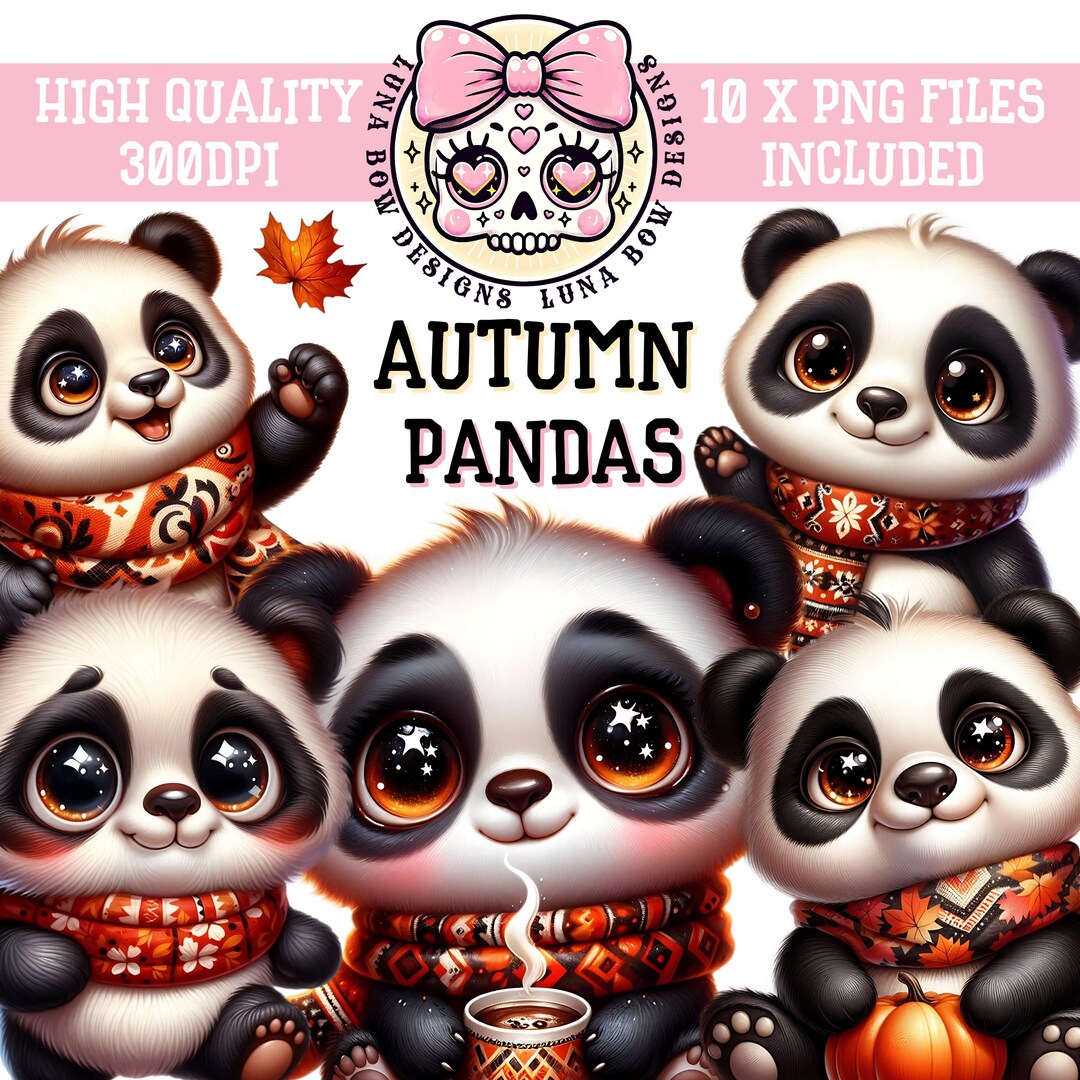 Autumn Panda Clipart Bundle | 10 Cute Fall Panda Pngs | Whimsical ...