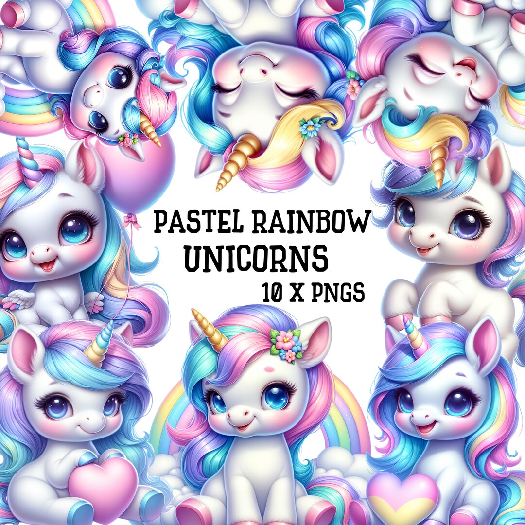 PASTEL UNICORNS CLIPART | 10 X .png Pastel Rainbow Unicorns | Instant ...