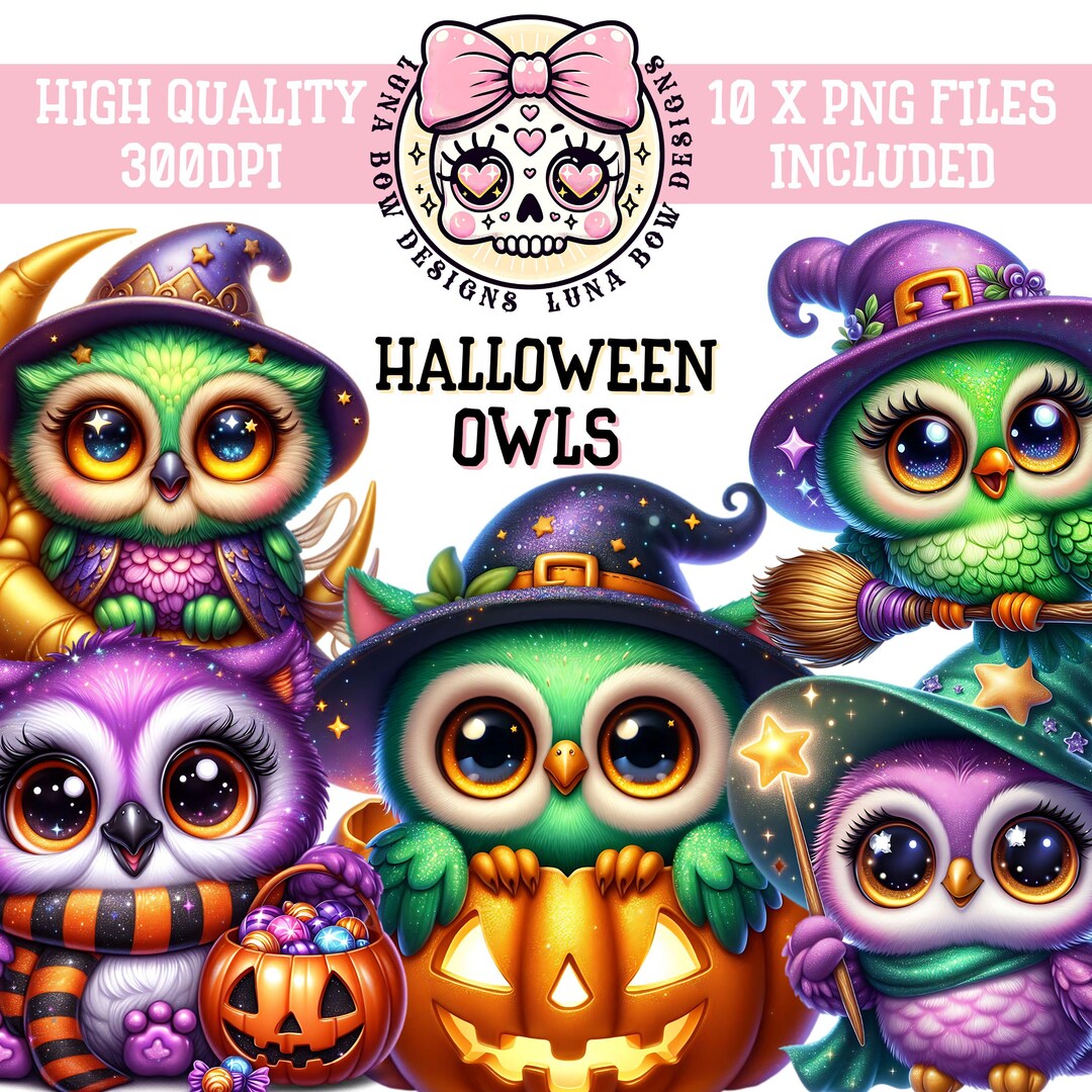 Whimsical Halloween Owl Clipart Bundle | Cute Witch Owls PNG | Pumpkin ...