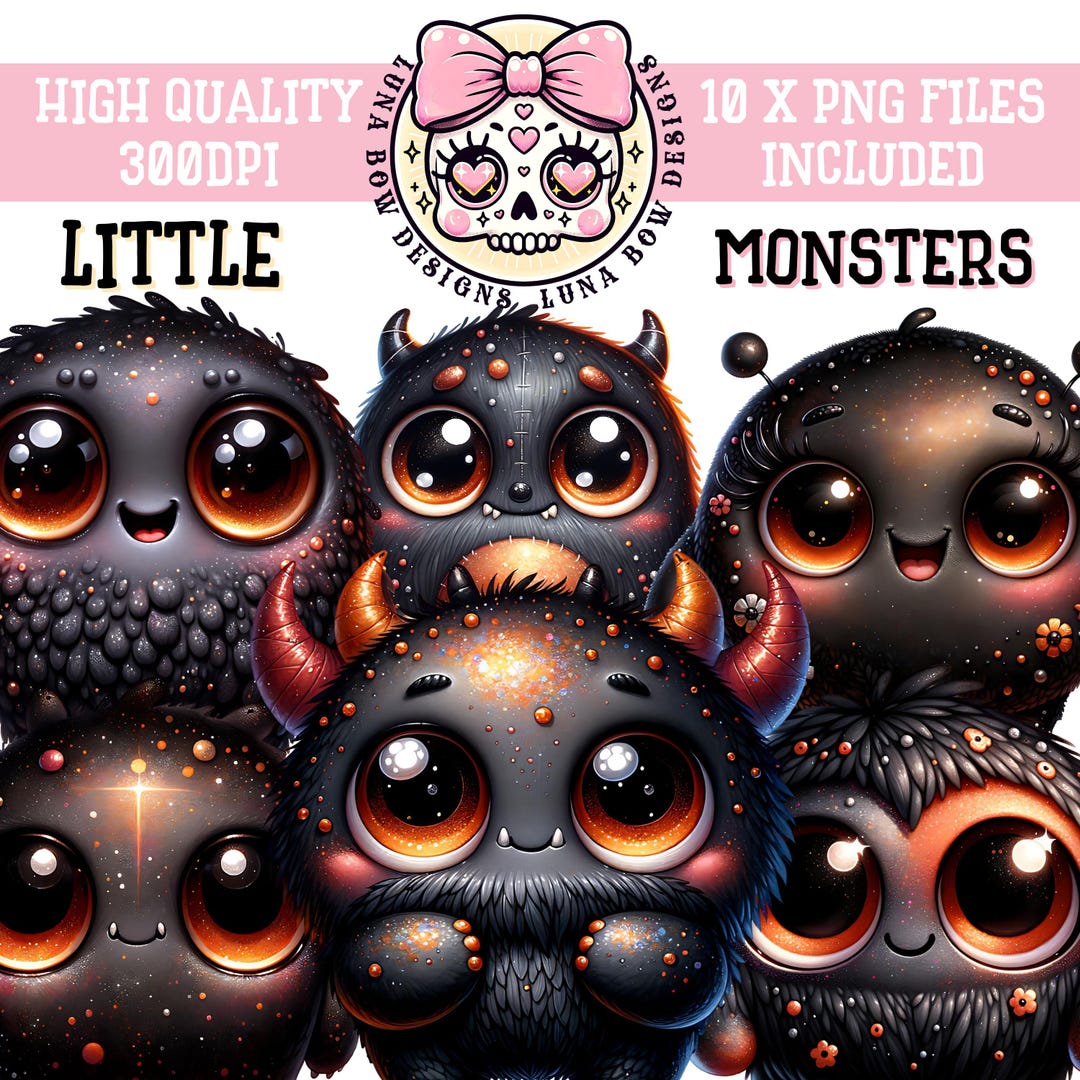 Cute Halloween Monster Clipart Set | 10 Black Kawaii Creature Pngs ...