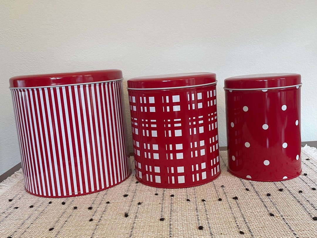 Vintage Red Metal Canisters With Mixed Patterns - Etsy
