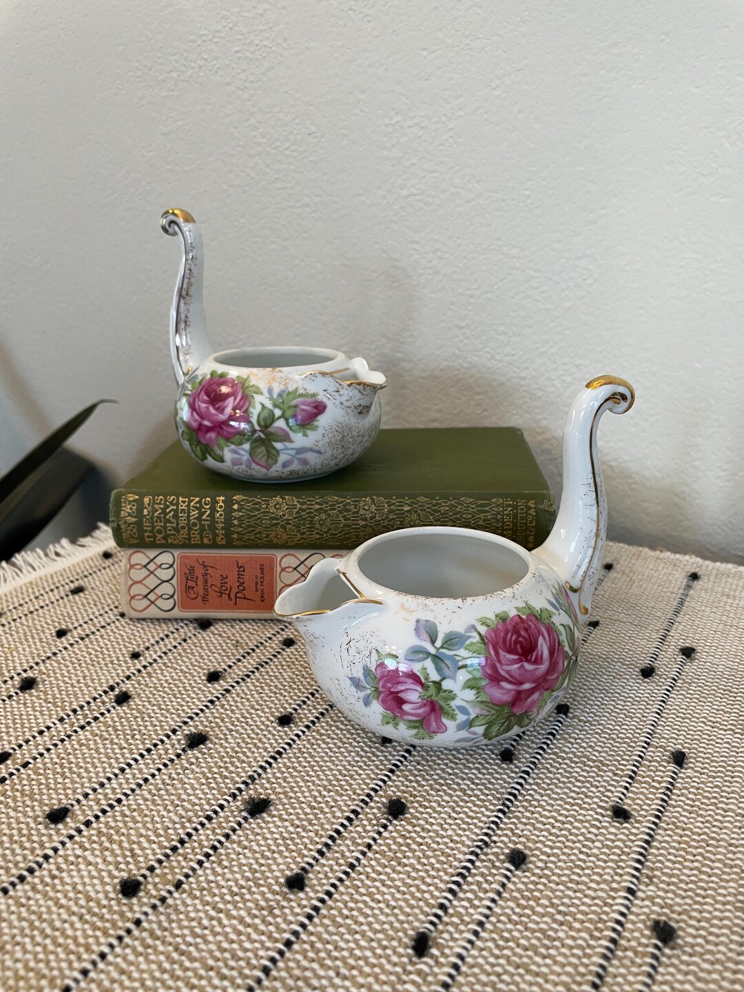 Vintage Lefton China Creamer Set With Pink Roses and Elongated Handle ...