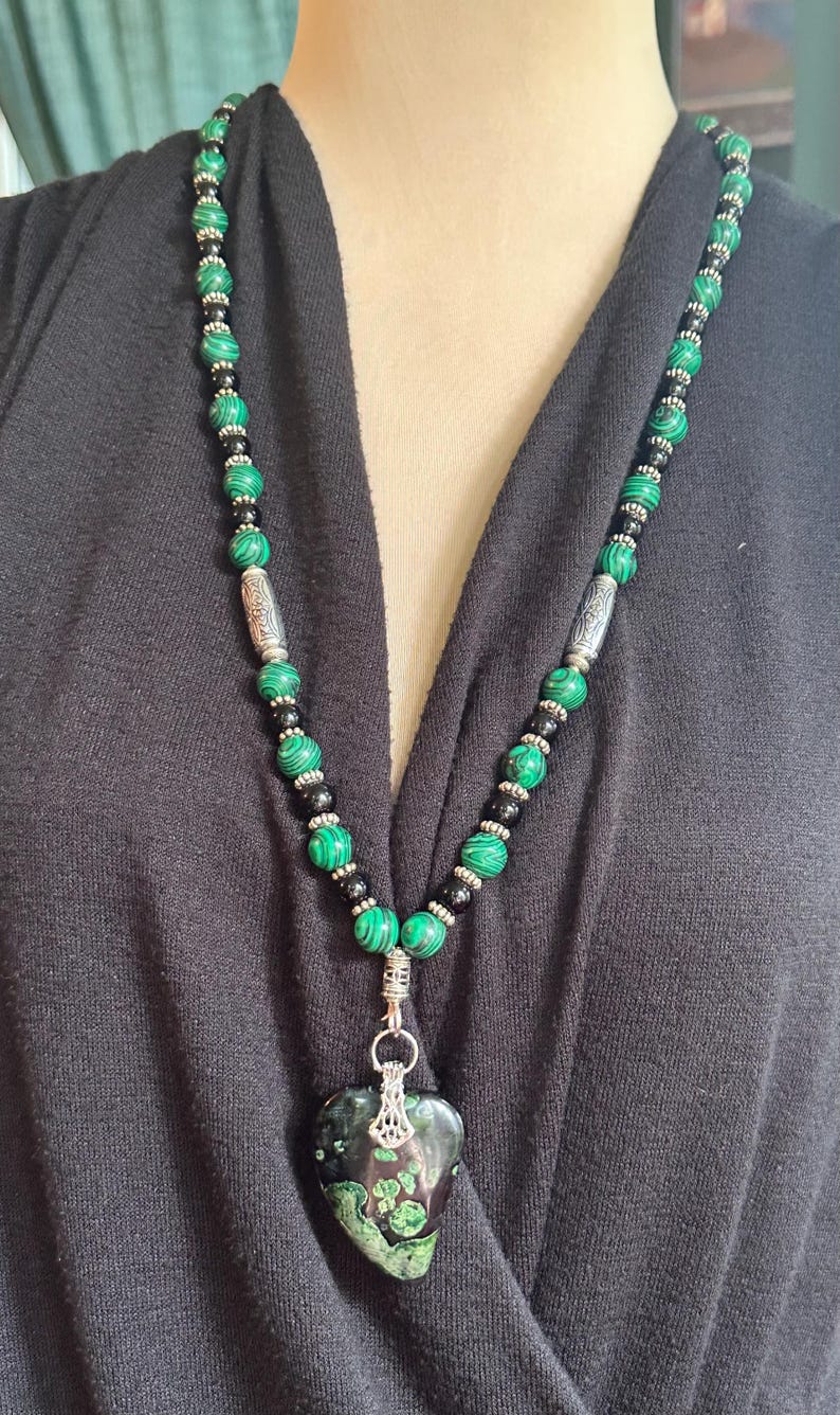 Malachite Obsidian Necklace: Vintage Agate Heart Pendant, Long Boho ...