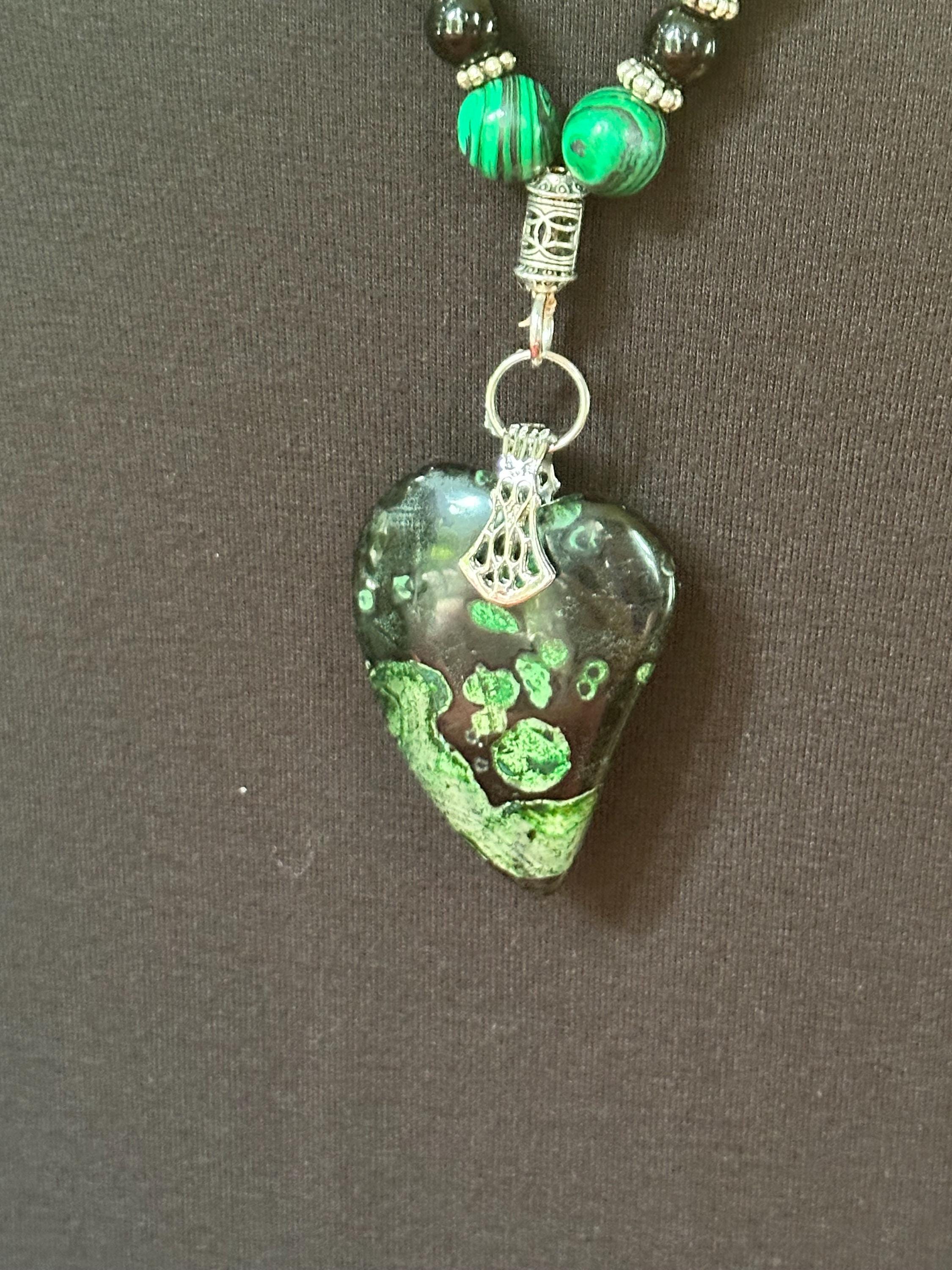 Malachite Obsidian Necklace: Vintage Agate Heart Pendant, Long Boho ...