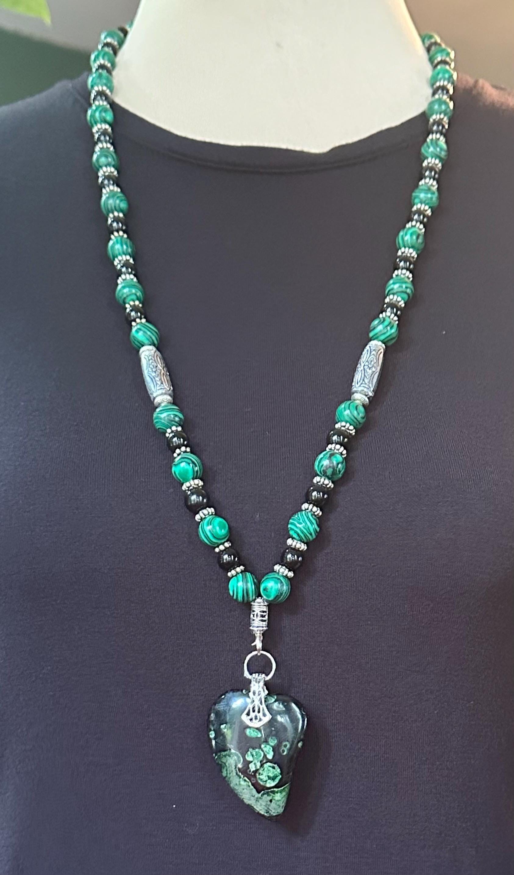 Malachite Obsidian Necklace: Vintage Agate Heart Pendant, Long Boho ...