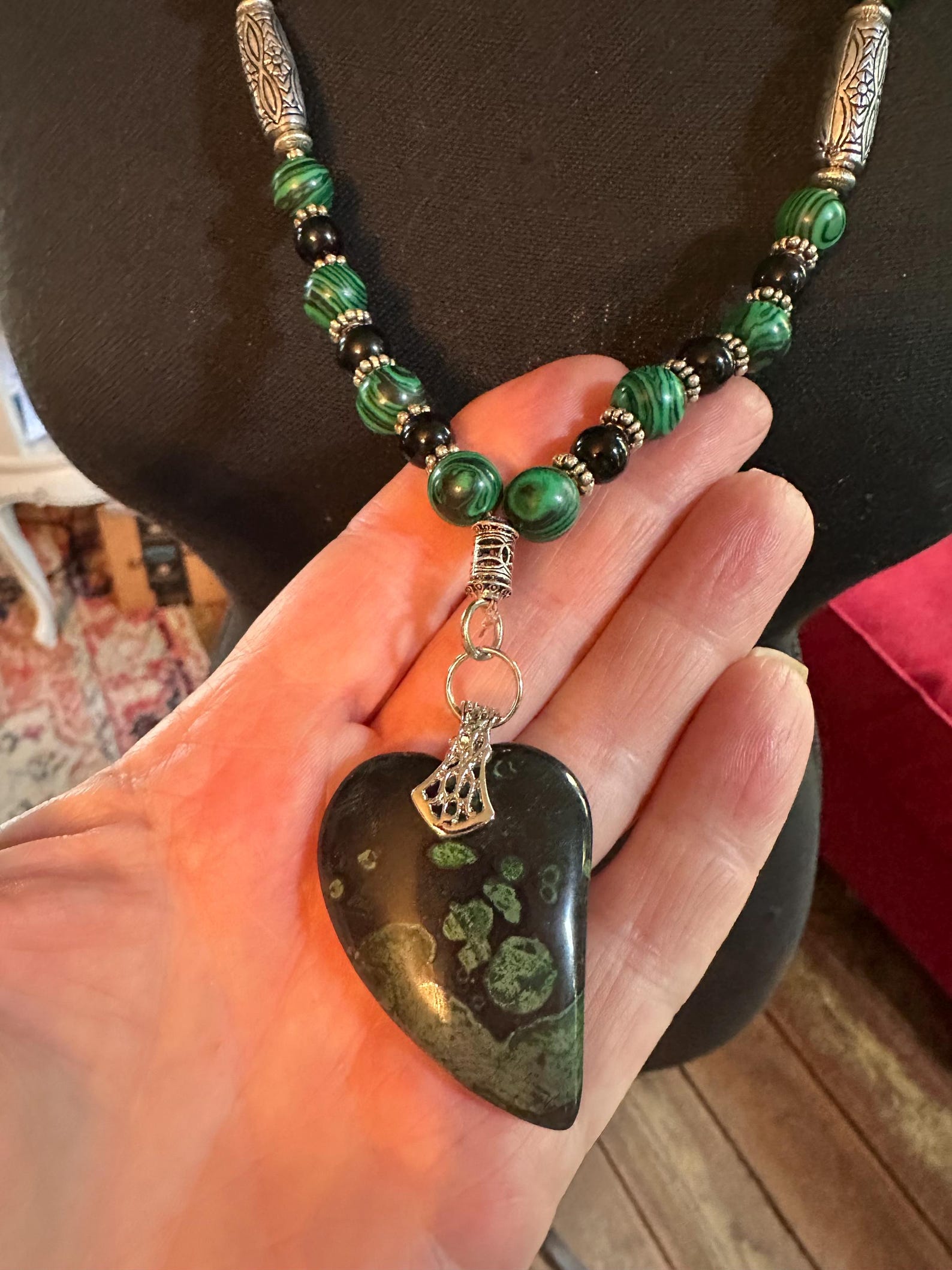 Malachite Obsidian Necklace: Vintage Agate Heart Pendant, Long Boho ...