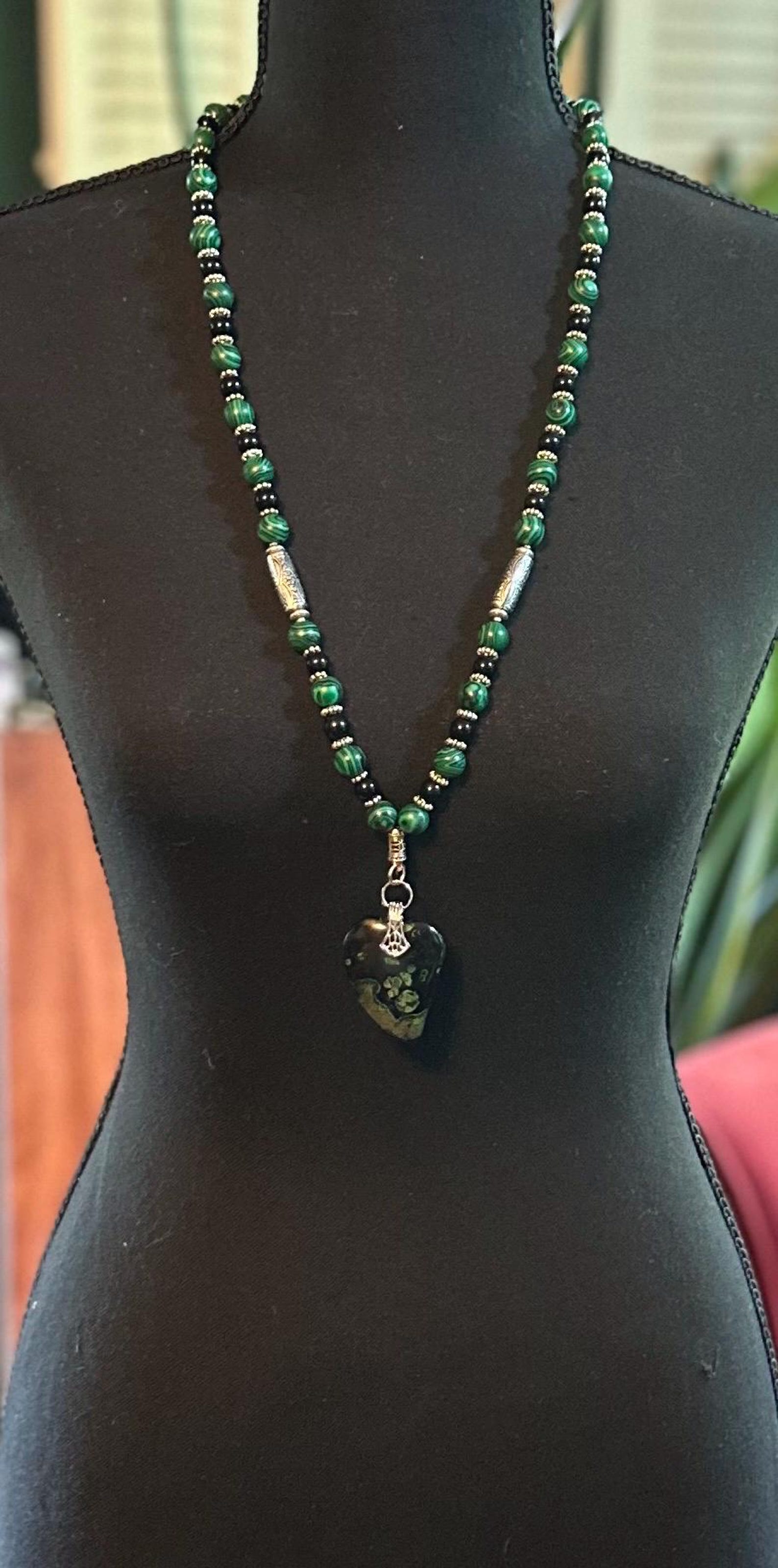 Malachite Obsidian Necklace: Vintage Agate Heart Pendant, Long Boho ...