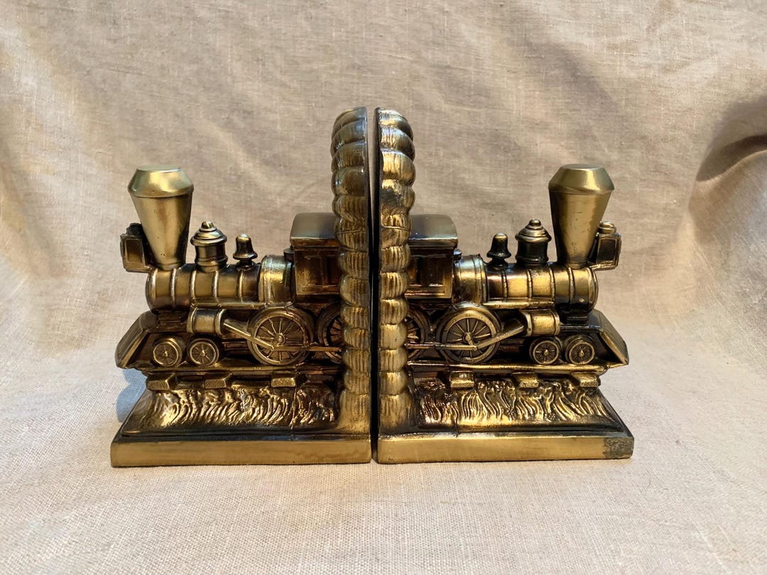 Brass Toned, Steam Locomotive, Cast Metal, SCC Train Bookends, Vintage ...