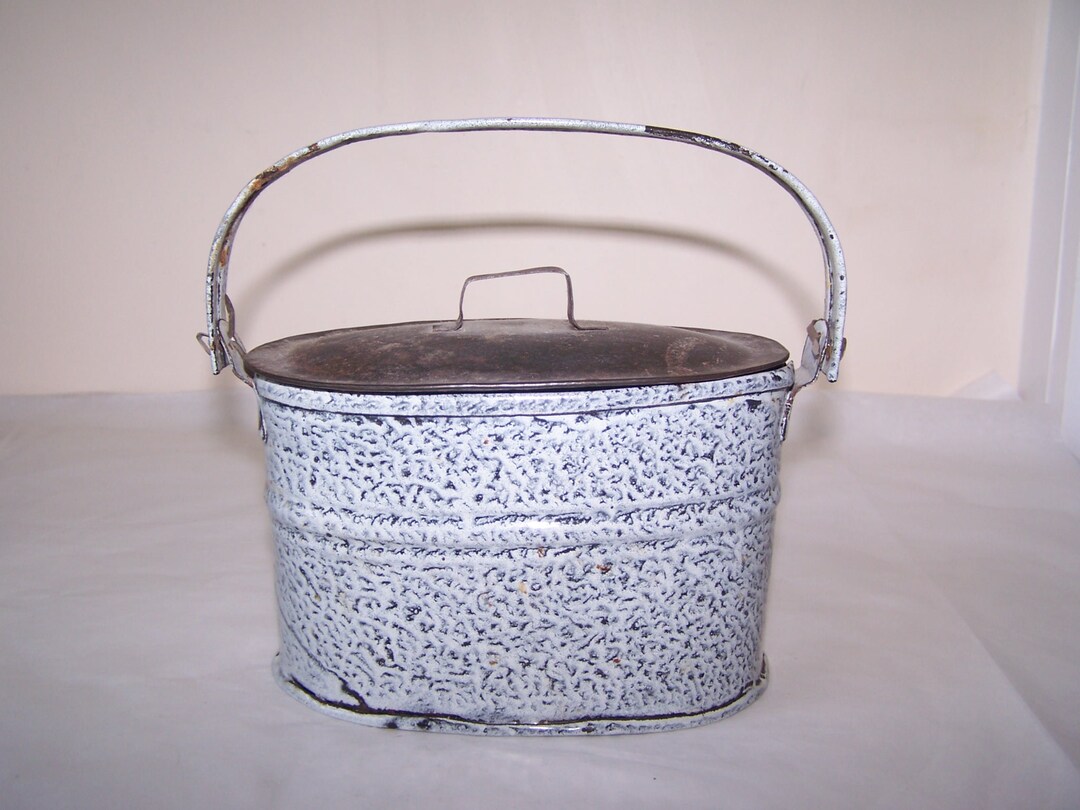 Graniteware, Oval Lunch Pail, Grey Gray Enamel, Small Berry Pail, Grey ...