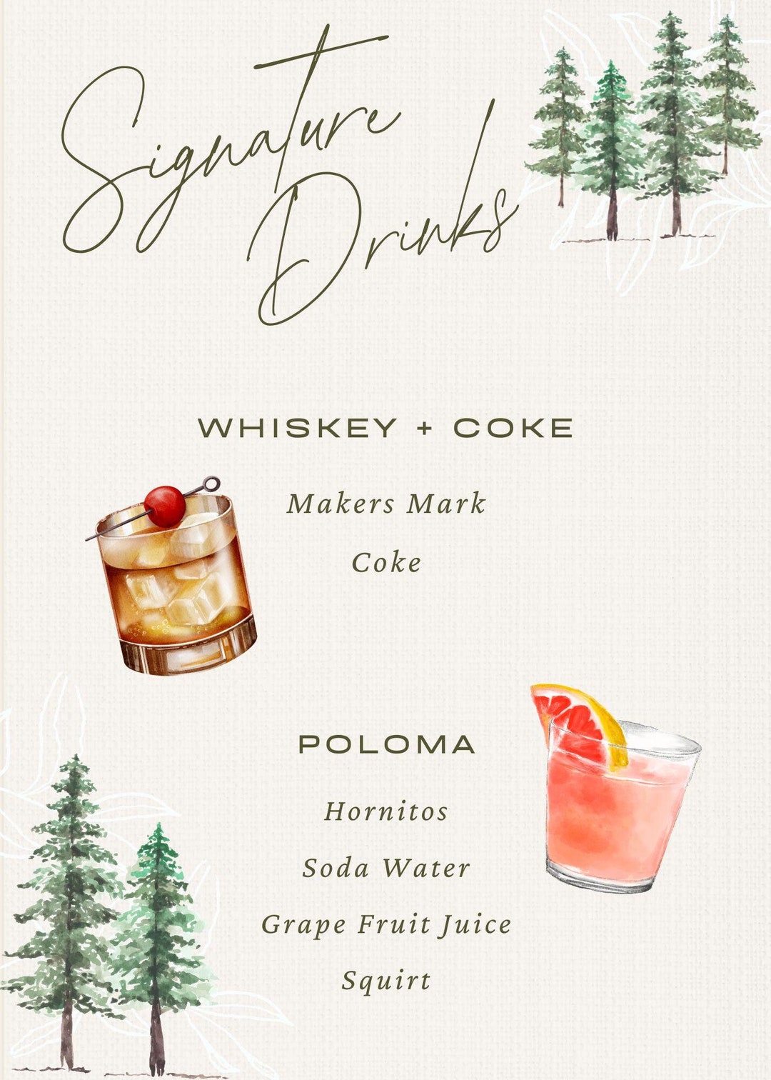 Forest Signature Drinks Bar Menu: Paloma, Whiskey Coke, Old Fashioned ...