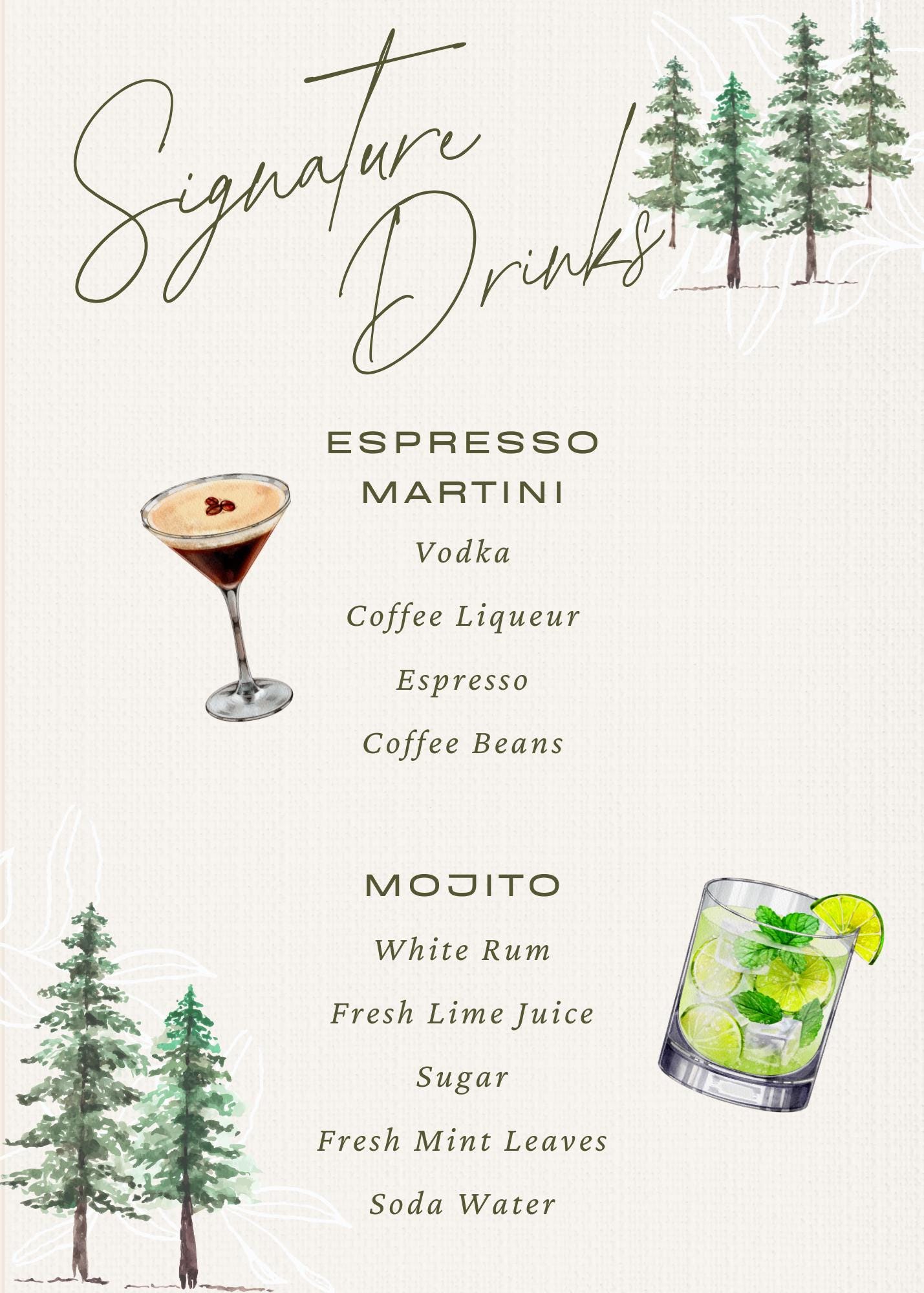 Forest Signature Drinks Bar Menu: Paloma, Whiskey Coke, Old Fashioned ...